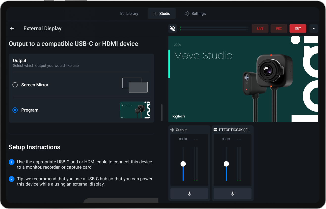 Mevo Studio: Outputs - Mevo Webcam App, External Display, Google Cast ...